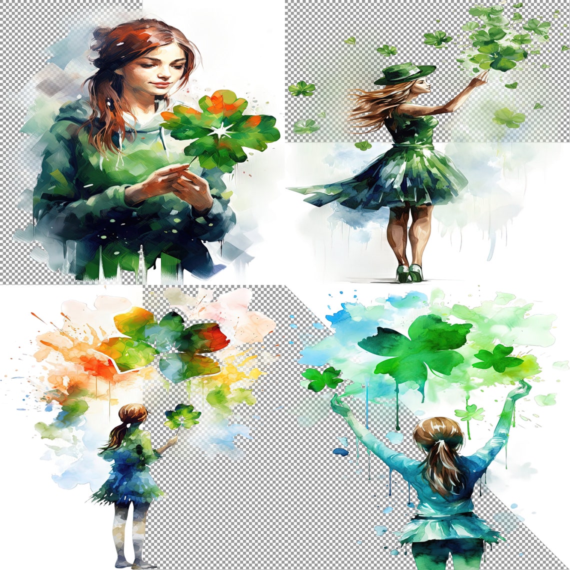 Girl and Four Leaf Clover Clipart, Design for Canvas, Wall Art for ...
