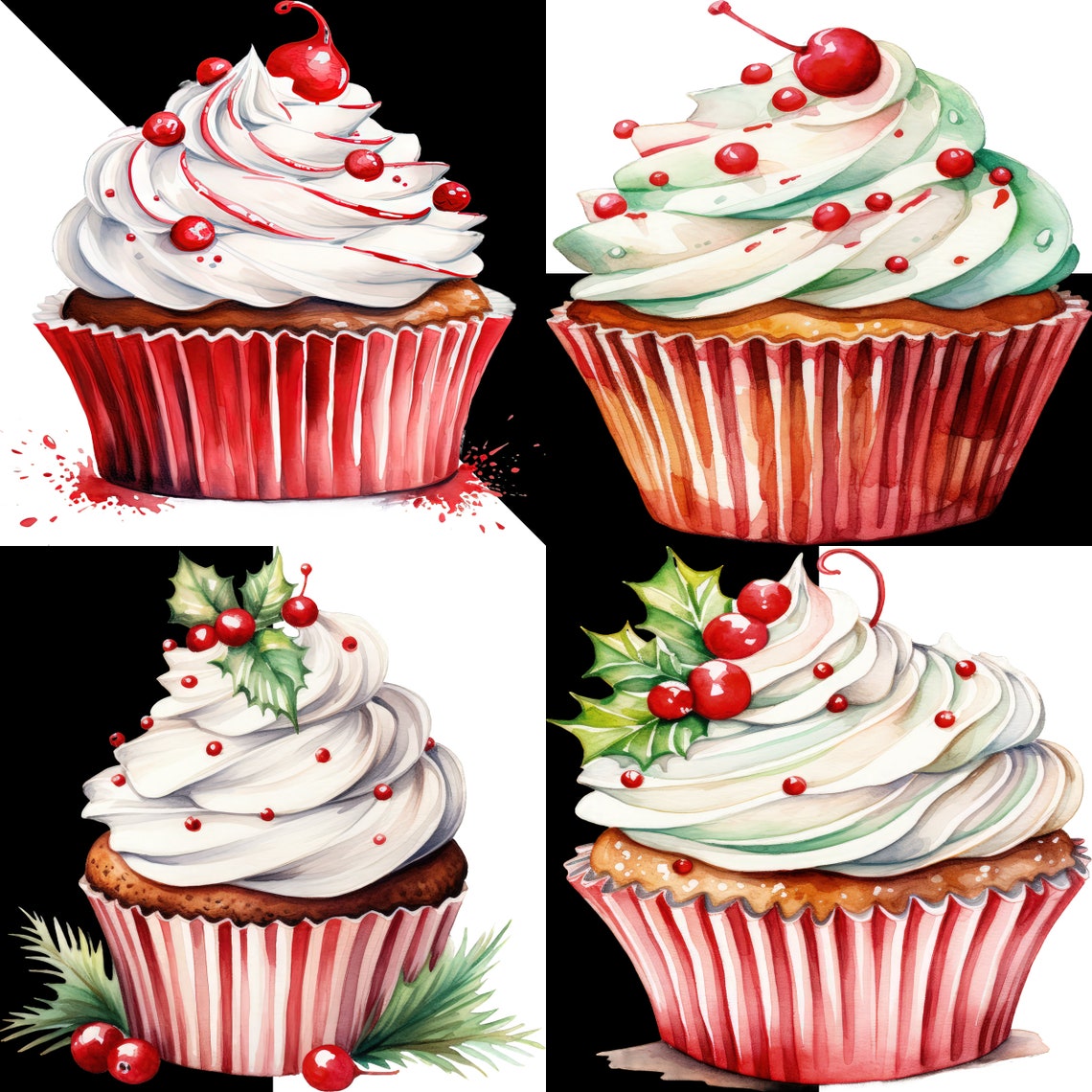 Watercolor Christmas Cupcake PNG, Cute Watercolor Cupcake for Christmas ...