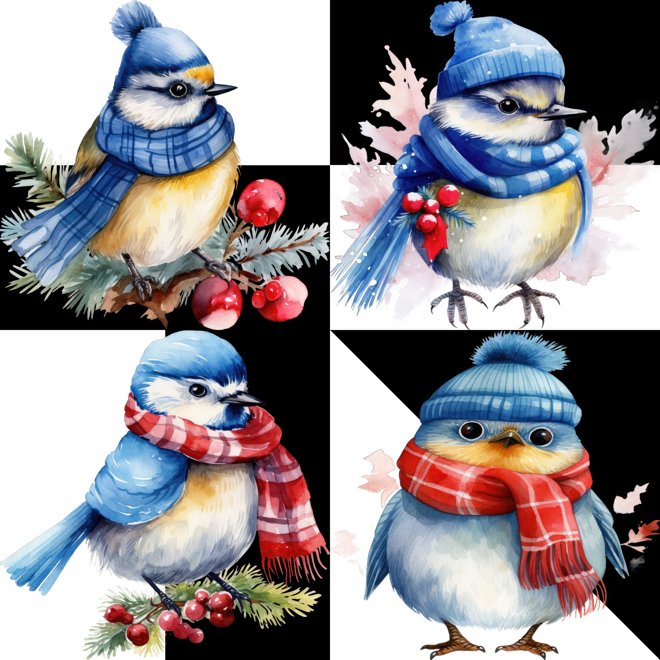Blue Bluetit With Santa Cap and Scarf PNG Watercolor Clipart,christmas ...