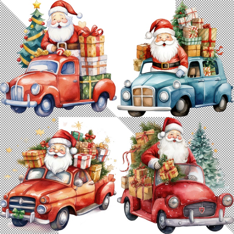 Santa's Car Ride Watercolor Cartoon, Clip Art for T Shirt, Wall Art for ...