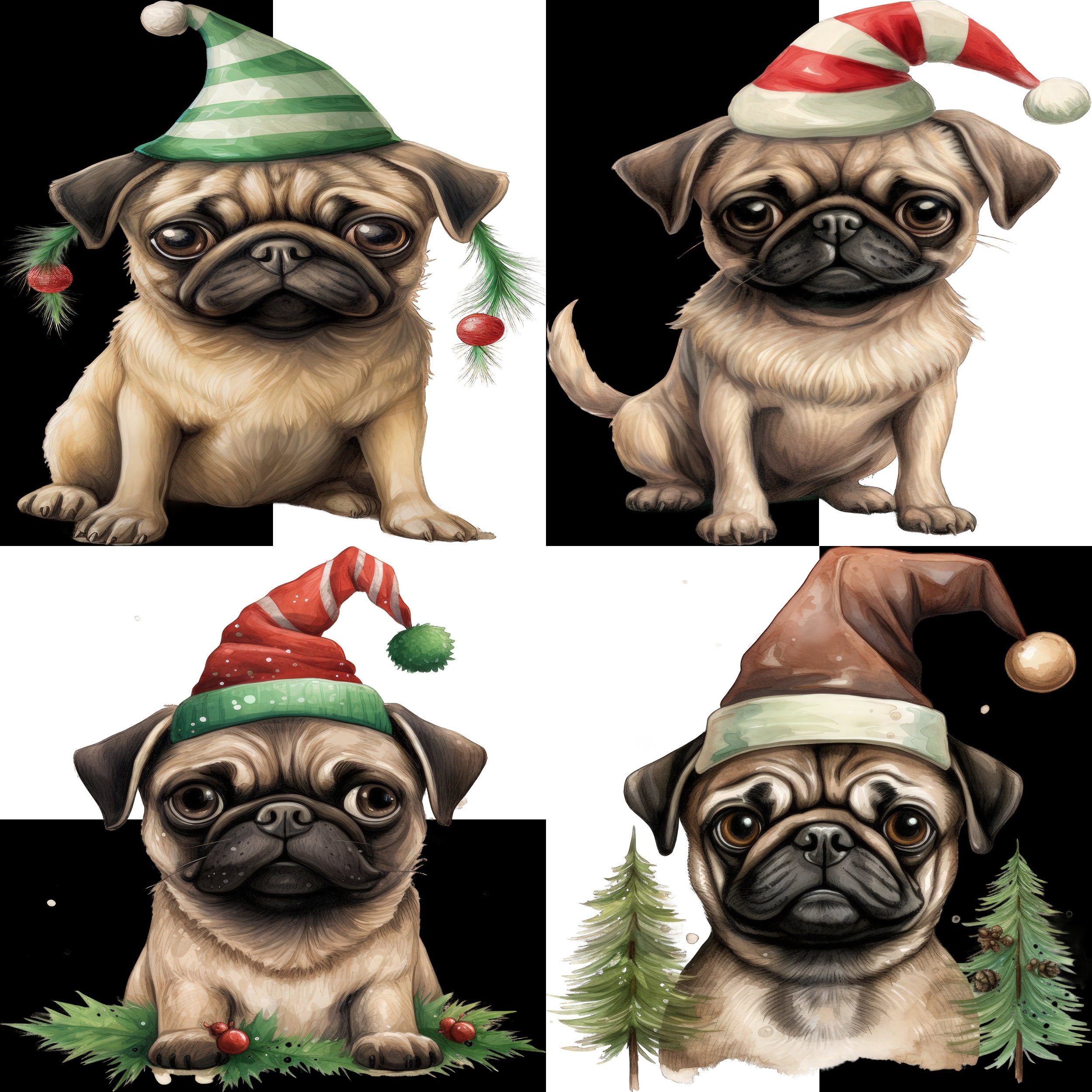 Festive Pug Elf Ears Clipart, Christmas Dog, Festive Pet Art, Pug ...