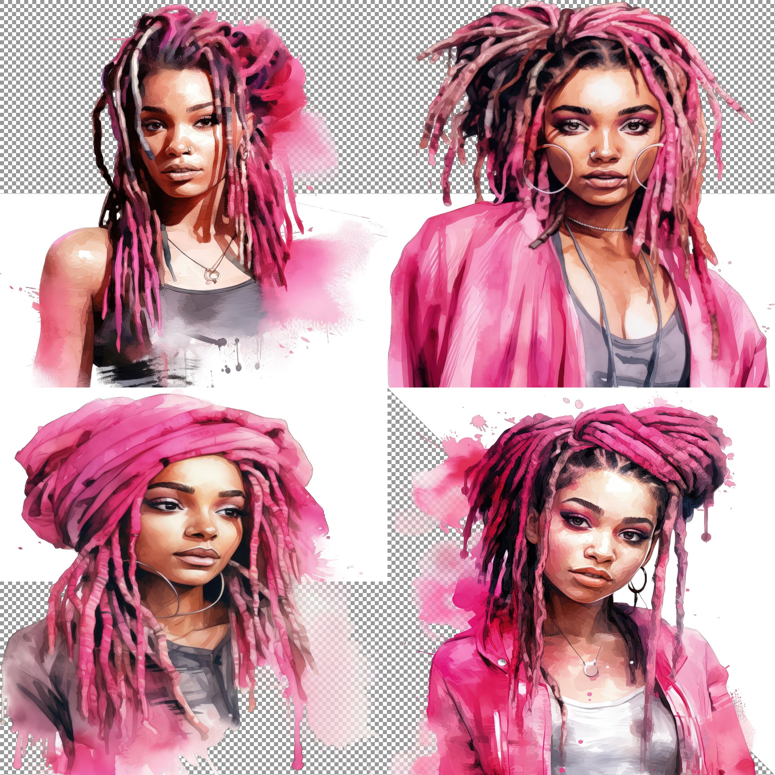 Fashionable Young Woman Clipart , Dreadlocks Watercolor Illustration ...