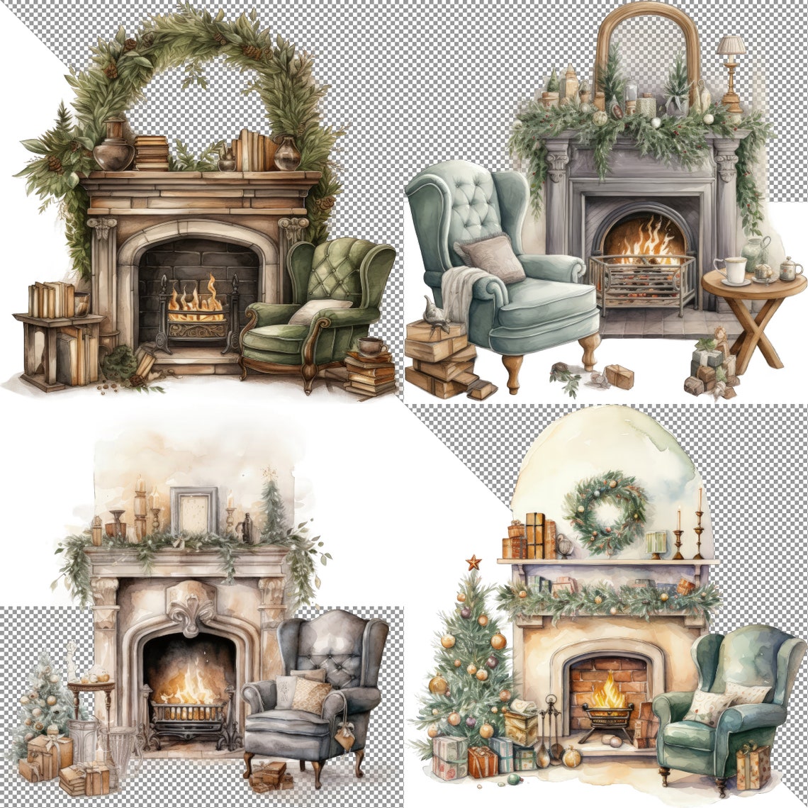 Christmas Room Clipart, Cozy Christmas Room With Mantel in Muted Colors ...