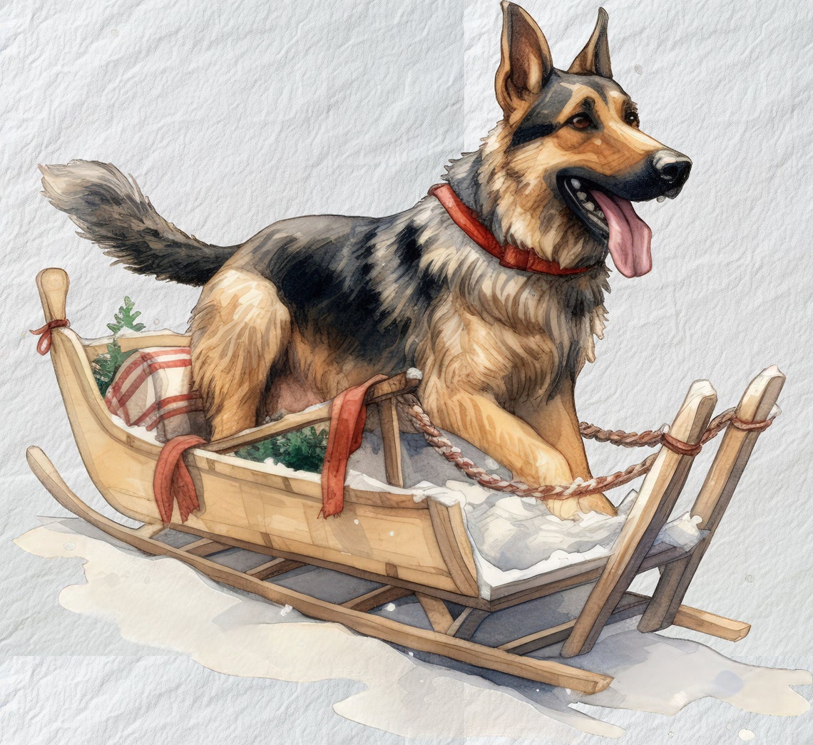 Festive German Shepherd Miniature Sleigh Clipart, German Shepherd in ...