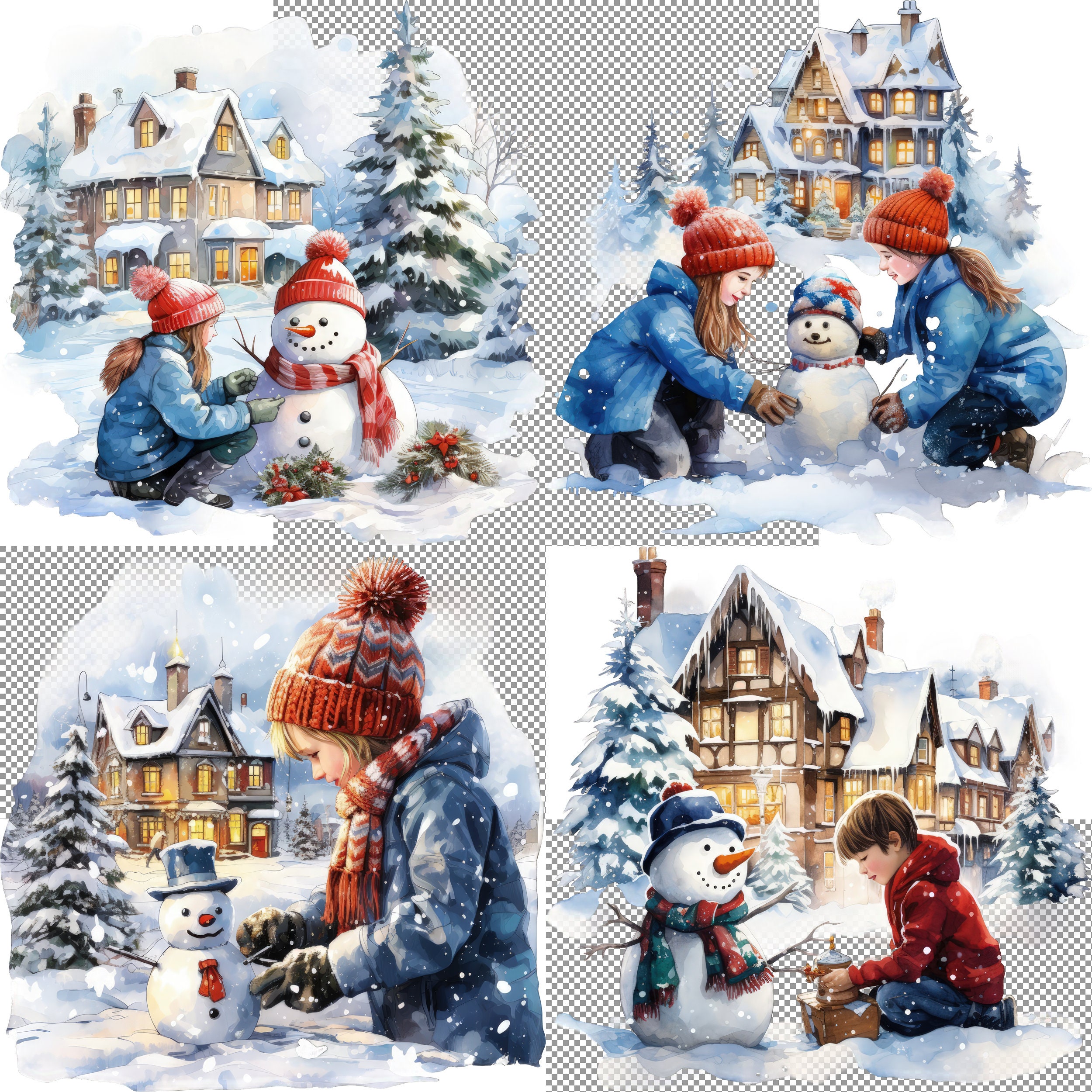 Kids' Winter Wonderland Clipart, Kids With Snowman Clipart: Winter Fun ...
