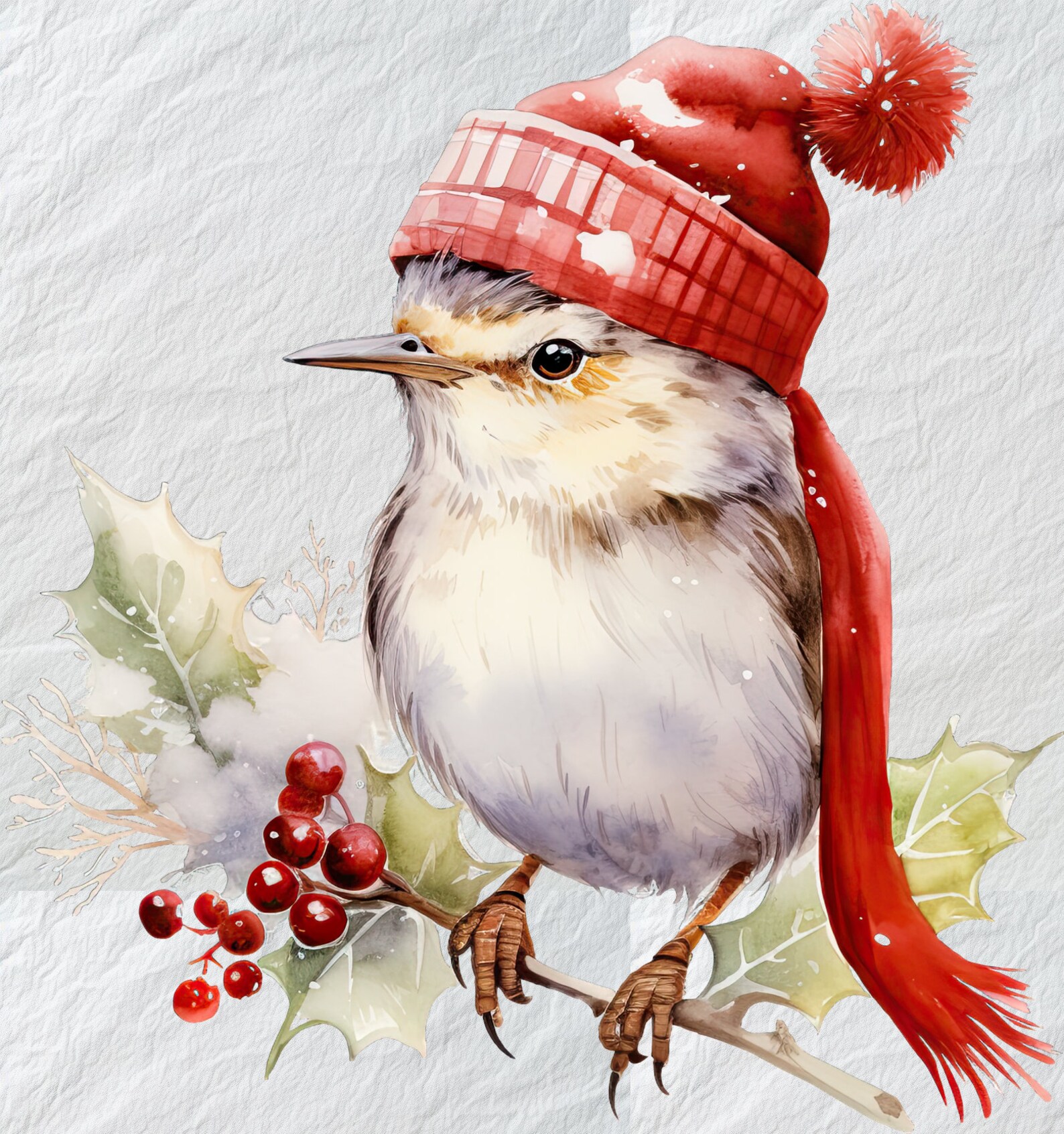 White Wren With Santa Cap and Scarf Watercolor PNG Clipart,watercolor ...