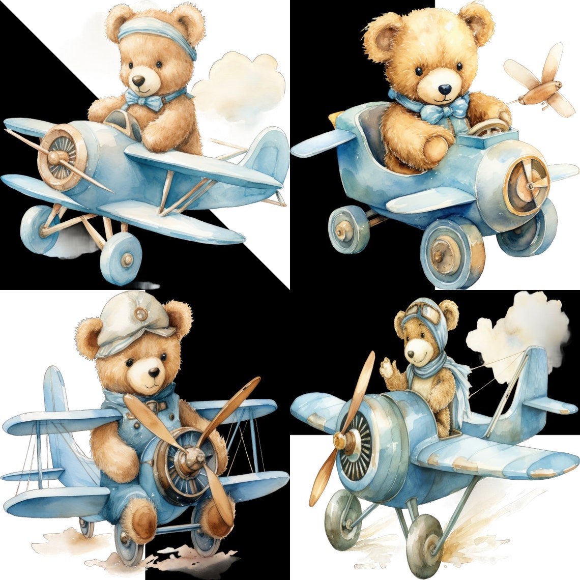Teddy Bear Driving a Baby Blue Vintage Airplane PNG Clipart, Teddy Bear ...