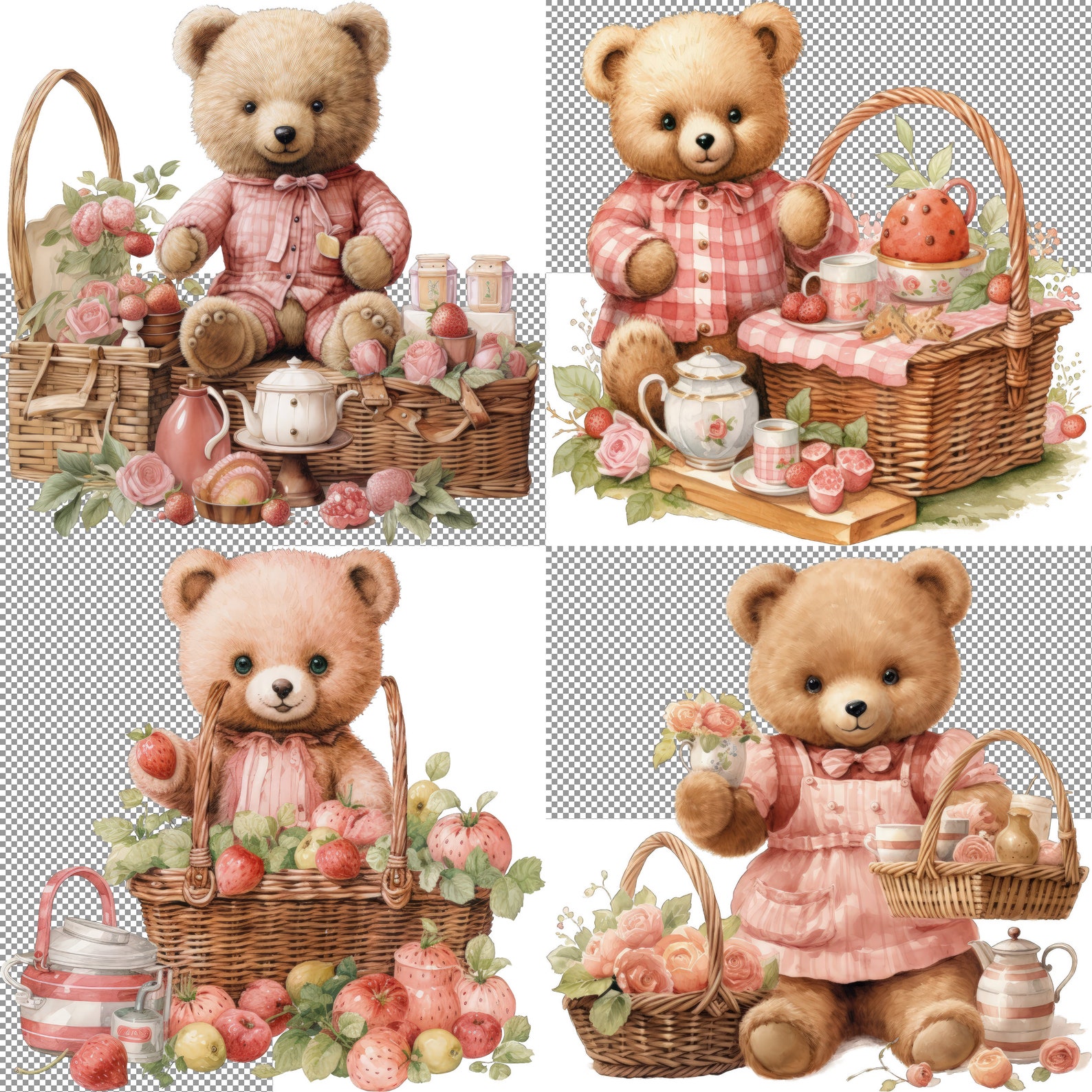 Pink Teddy Bear's Picnic Watercolor Clipart, Designs for 40 Oz Tumbler ...