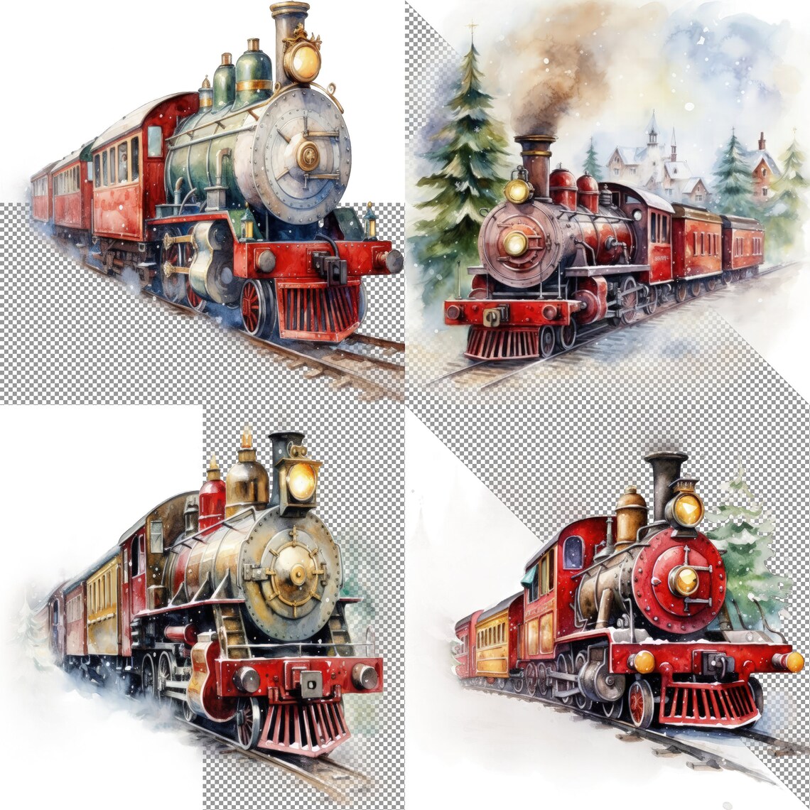 Vintage Christmas Train Watercolor Background, Art for Above Tv, Art ...