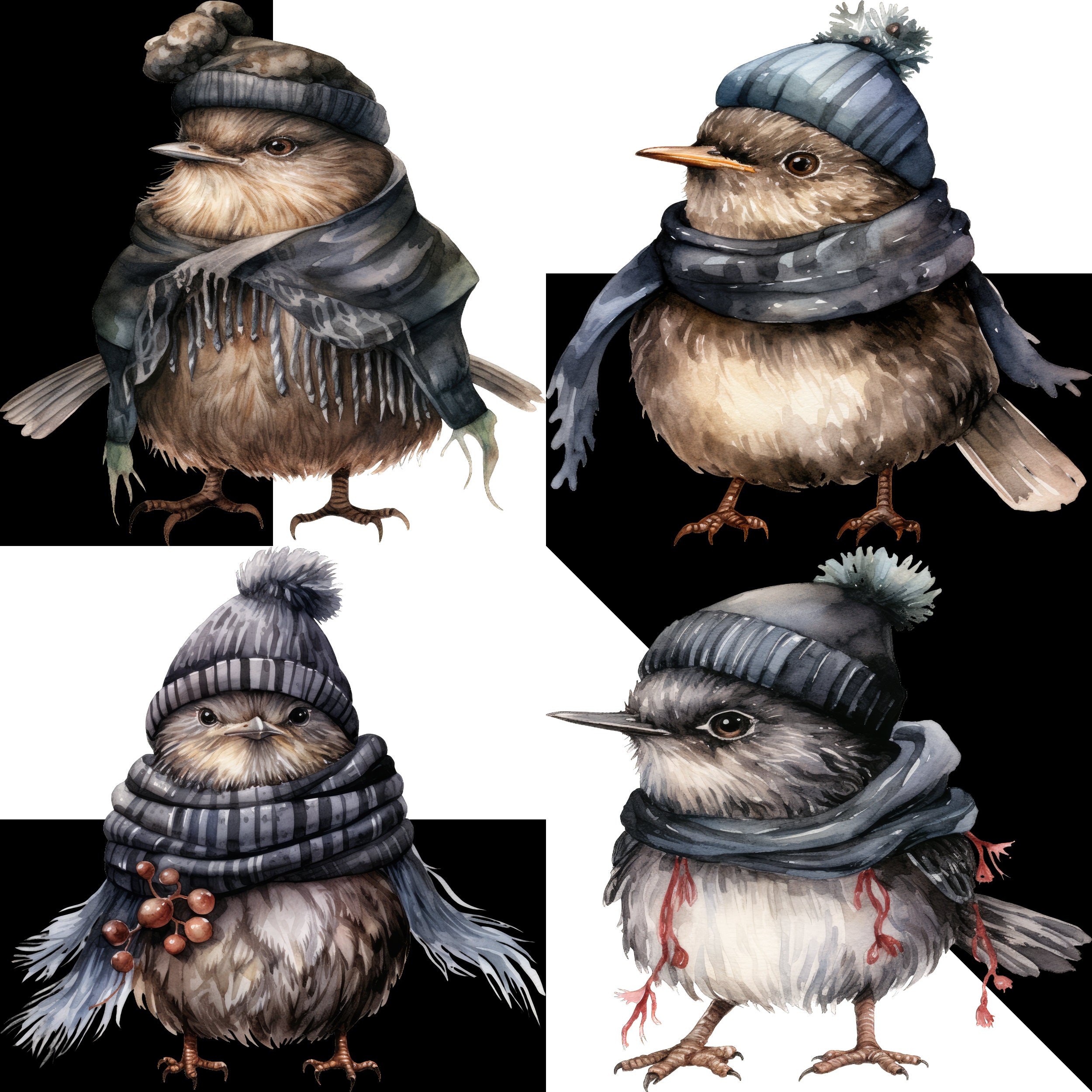 Black Wren in Winter Costume PNG Watercolor Clipart,watercolor Cozy ...