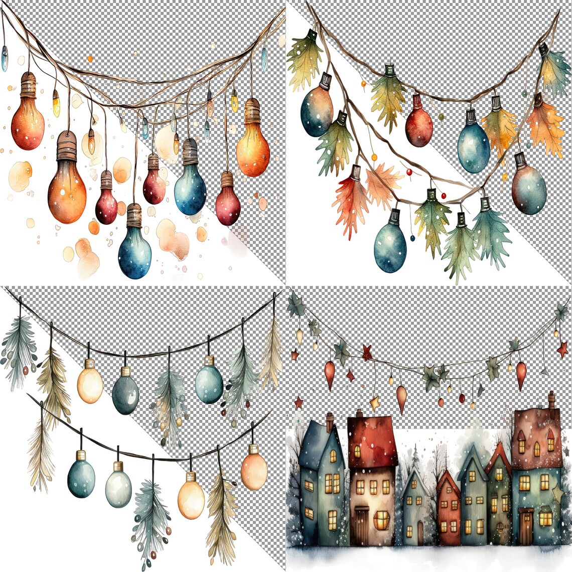 Christmas Light Clipart, Cozy Christmas Lights in Muted Colors, Art for ...