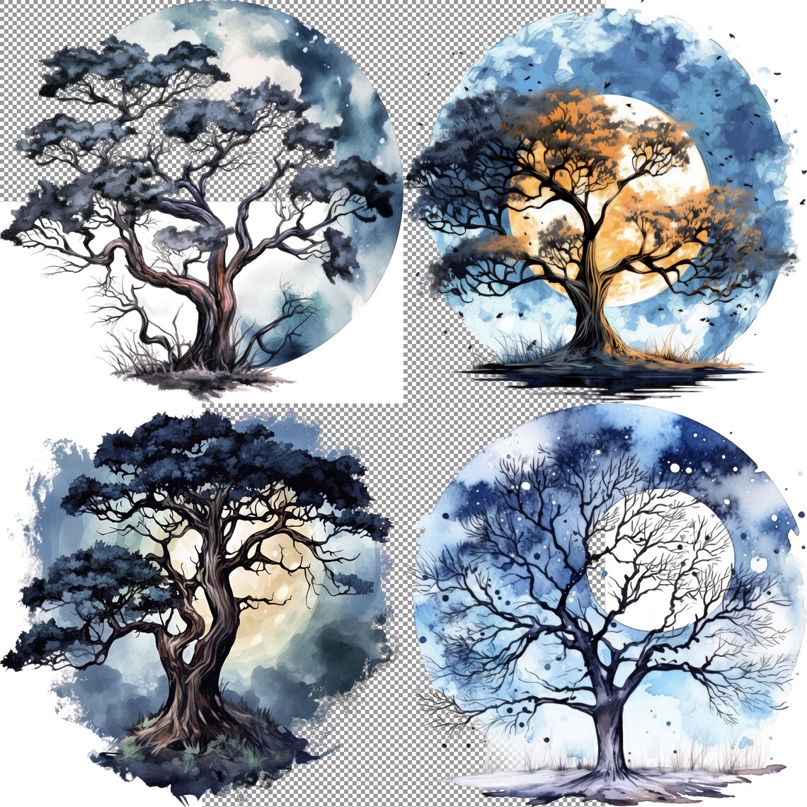 Moonlight Tree Clipart, Watercolor Mystical Moonlit, Moonlight in the ...