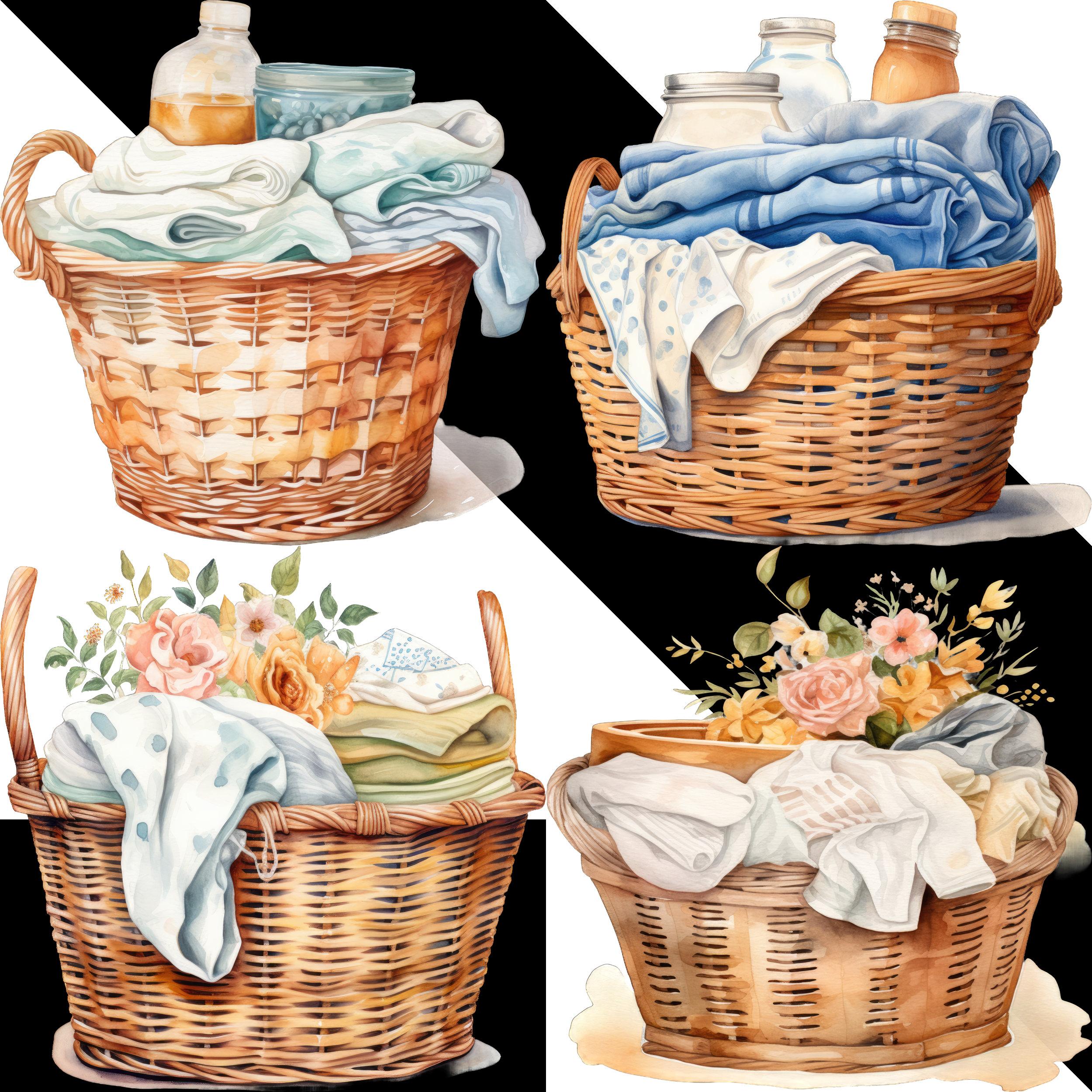 Vantage Laundry Basket Watercolor PNG Clipart, Rustic Clothes Hamper ...
