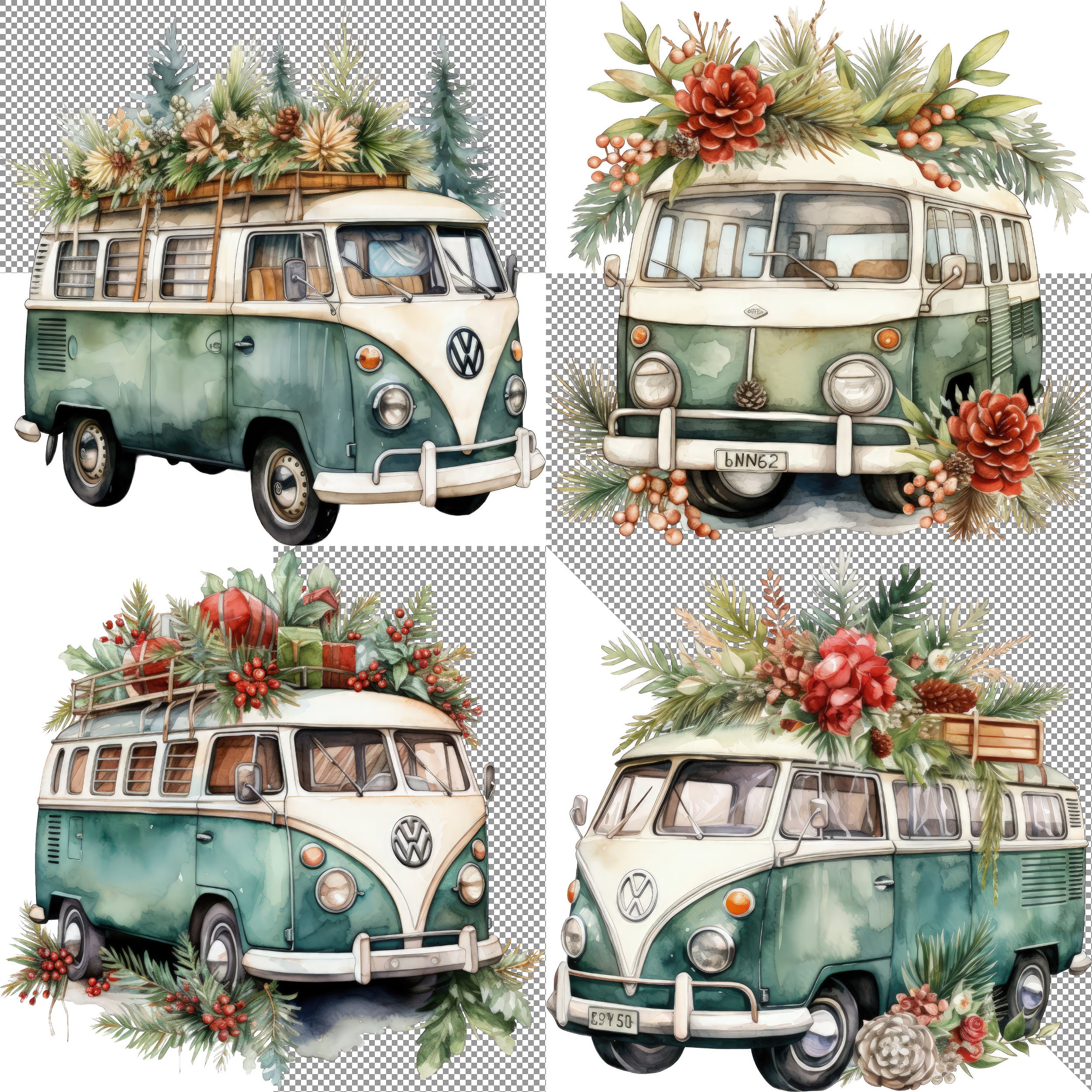 Christmas Retro Van Clipart, Festive Retro Christmas Van Watercolor ...