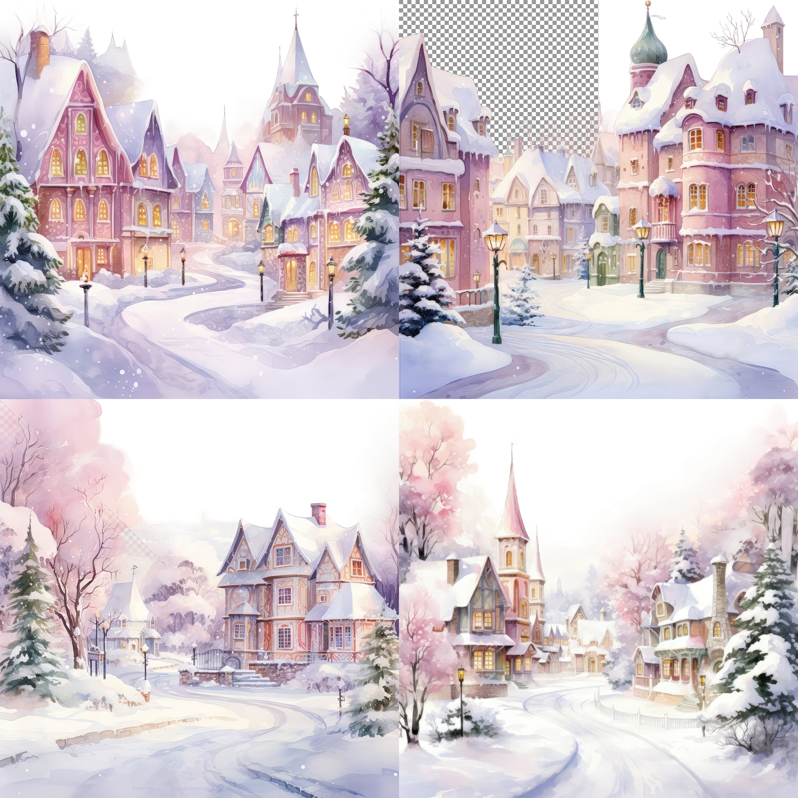 Snow-covered Village Clipart, Christmas Watercolor Illustration, Poster ...