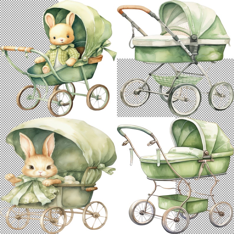 Baby Green Stroller Clipart,watercolor Illustration, Picture for ...