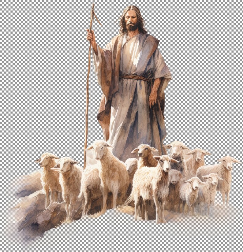 Jesus Holding a Staff on a Hill Watercolor Clipart, Designs for ...