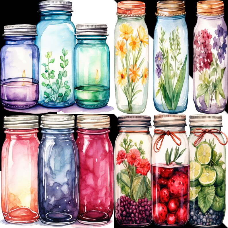 Vantage Mason Jars Watercolor PNG Clipart, Rustic Mason Jar PNG Clipart ...