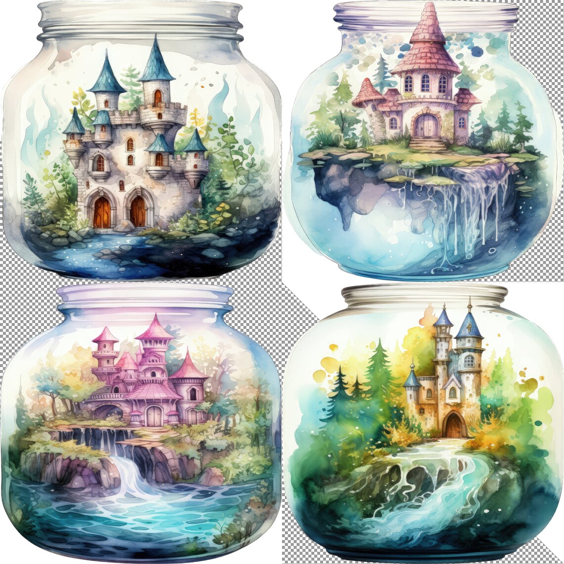 Jar With Mini Castle Clipart Waterfall Watercolor - Etsy