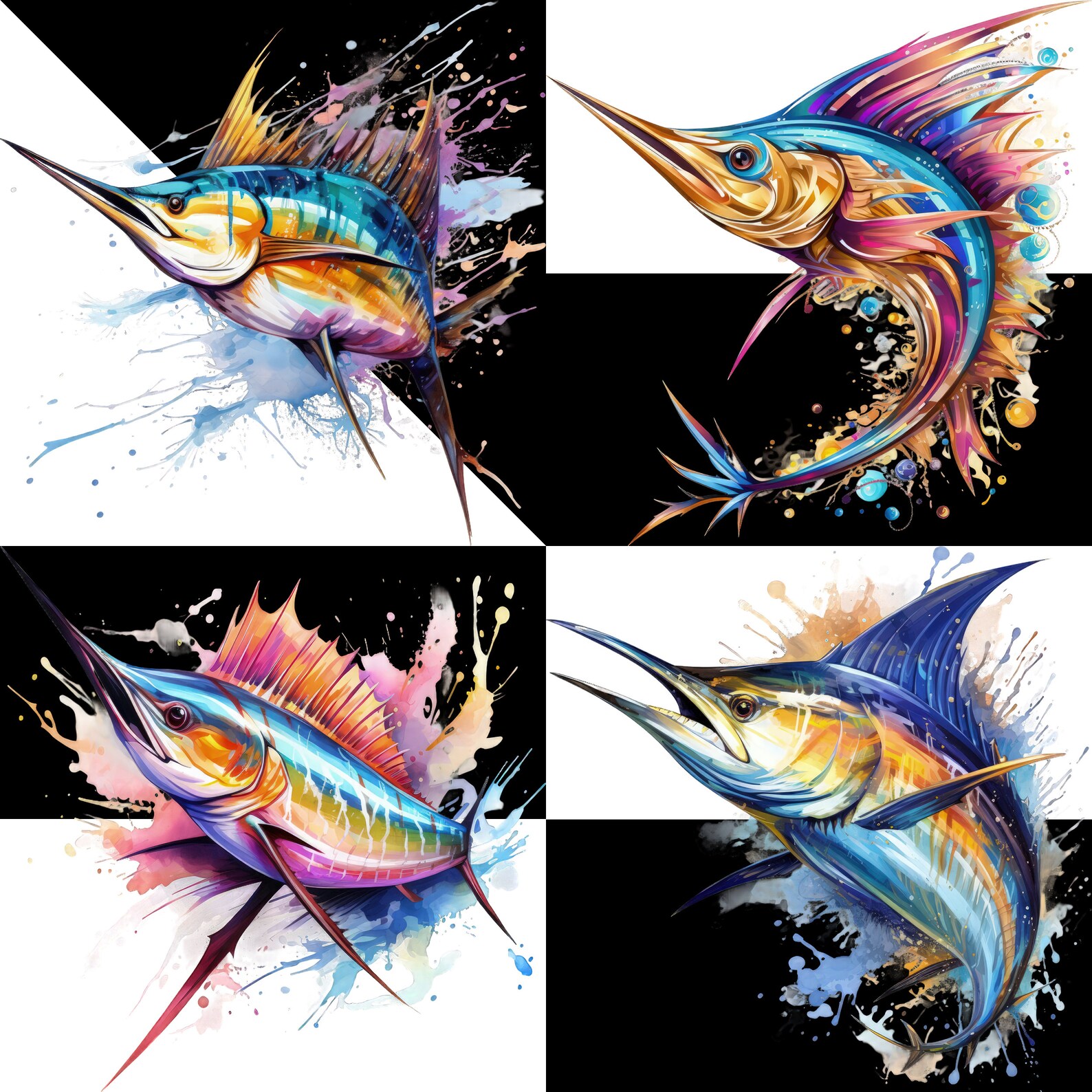 Marlin Clipart, Majestic Marlin Ocean Art Print,marlin Illustration Set ...
