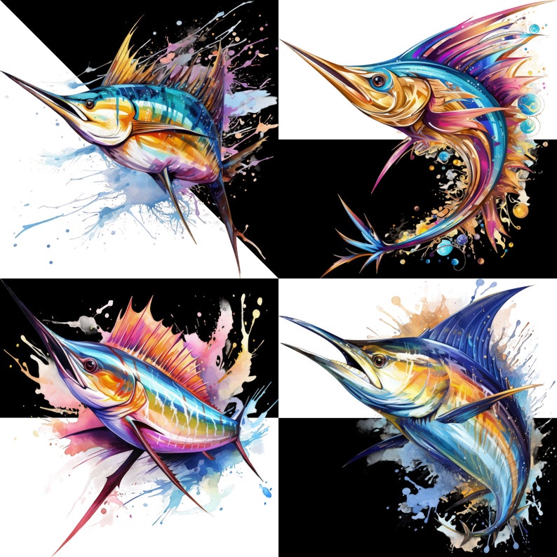 Marlin Clipart, Majestic Marlin Ocean Art Print,marlin Illustration Set ...