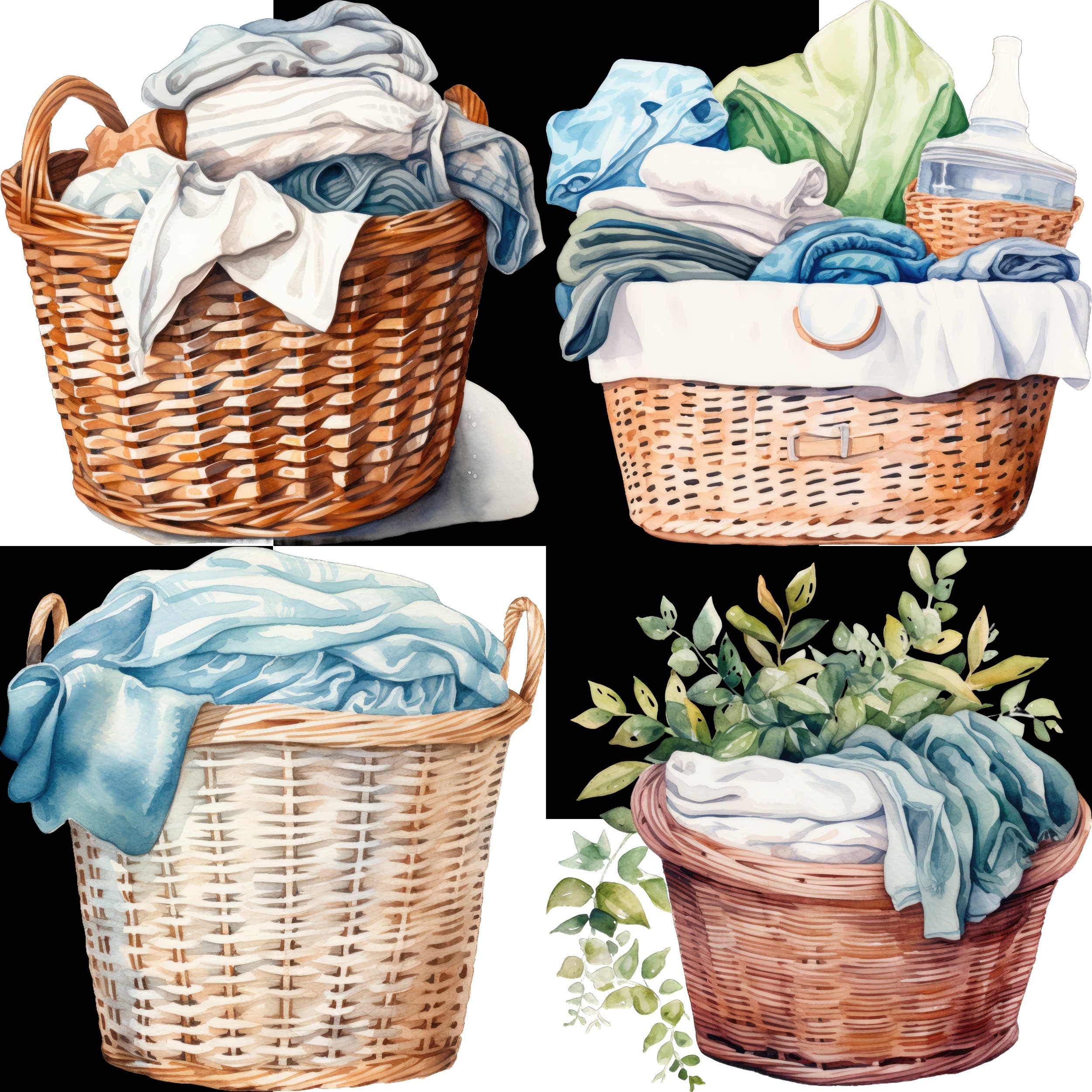 Vantage Laundry Basket Watercolor PNG Clipart, Rustic Clothes Hamper ...