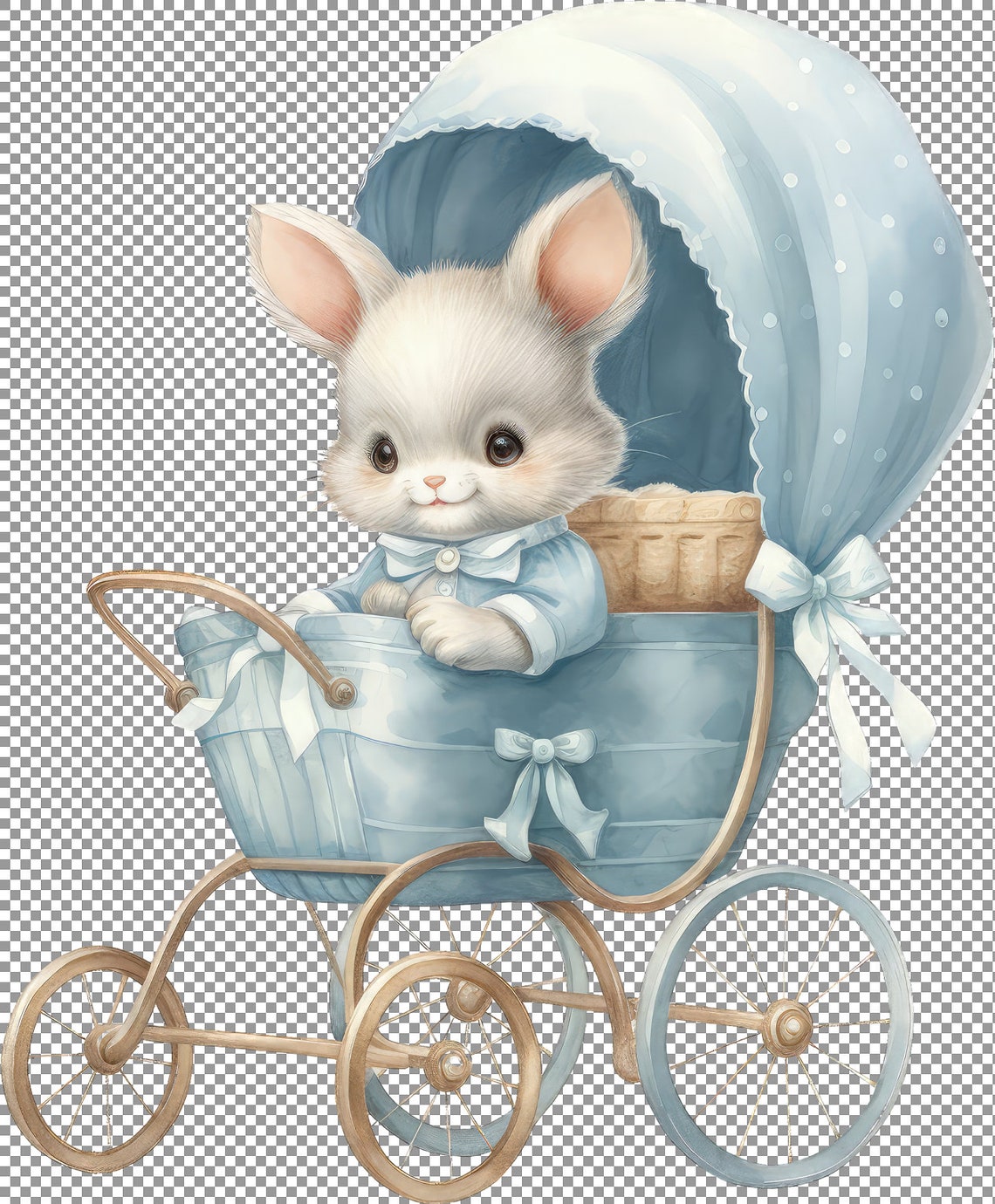 Baby Blue Stroller Clipart, Picnic Basket Watercolor Illustration ...