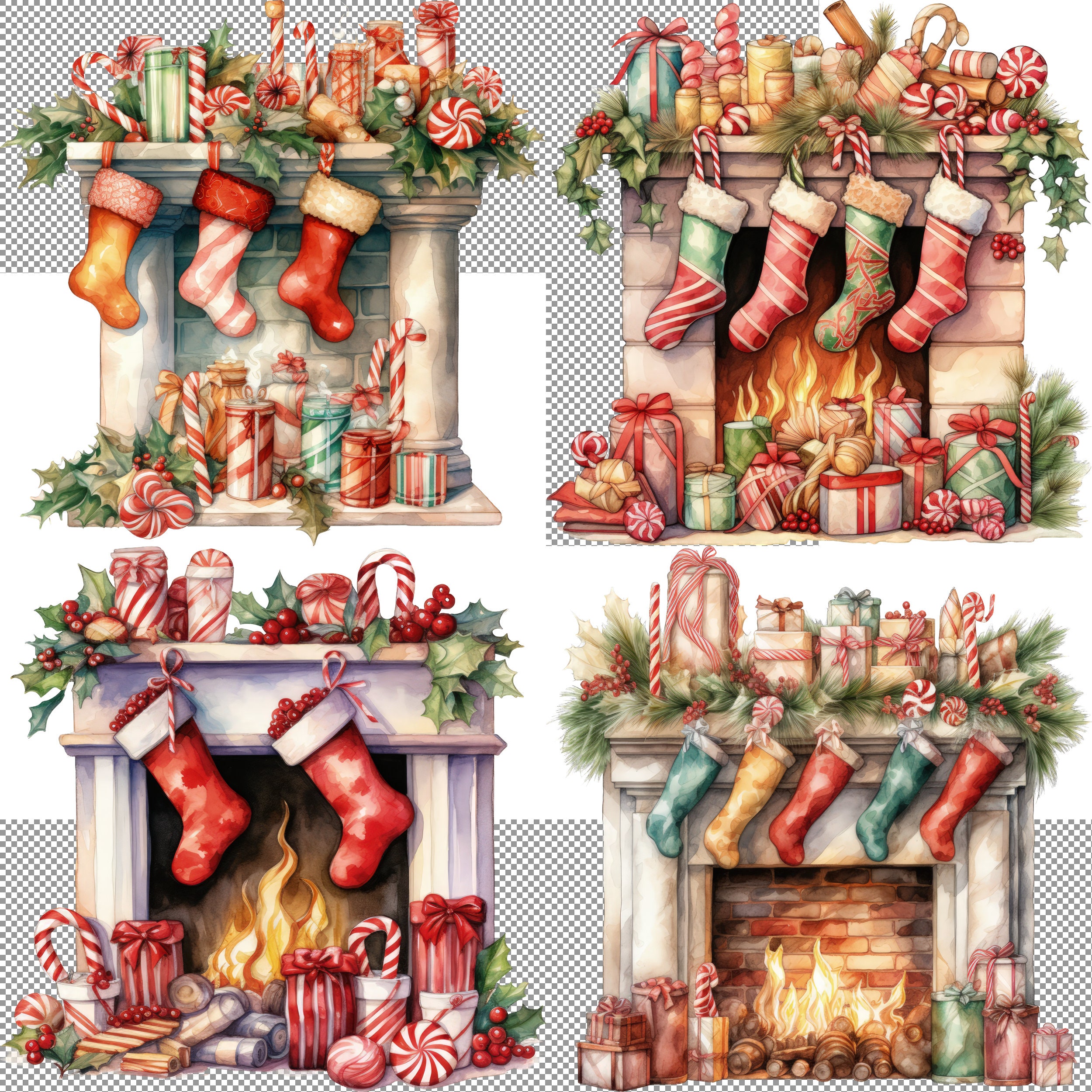 Stockings by the Festive Fireplace Clipart, Christmas Fireplace With ...