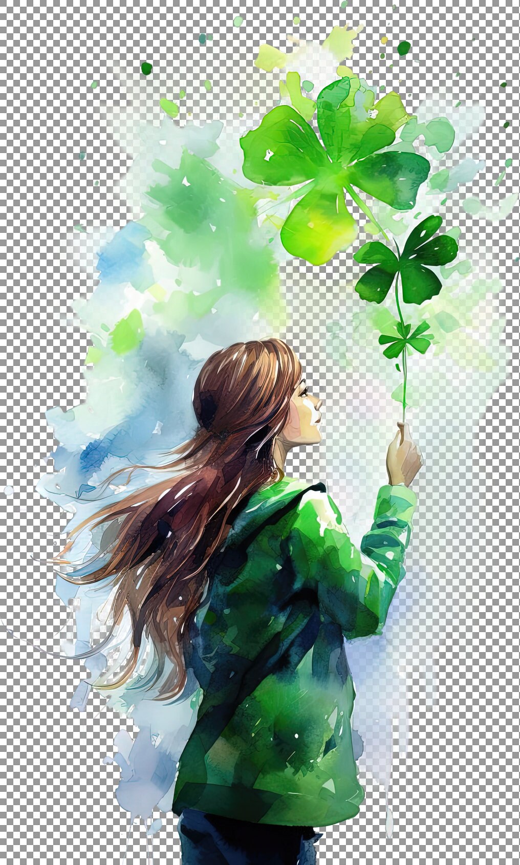 Girl and Four Leaf Clover Clipart, Design for Canvas, Wall Art for ...