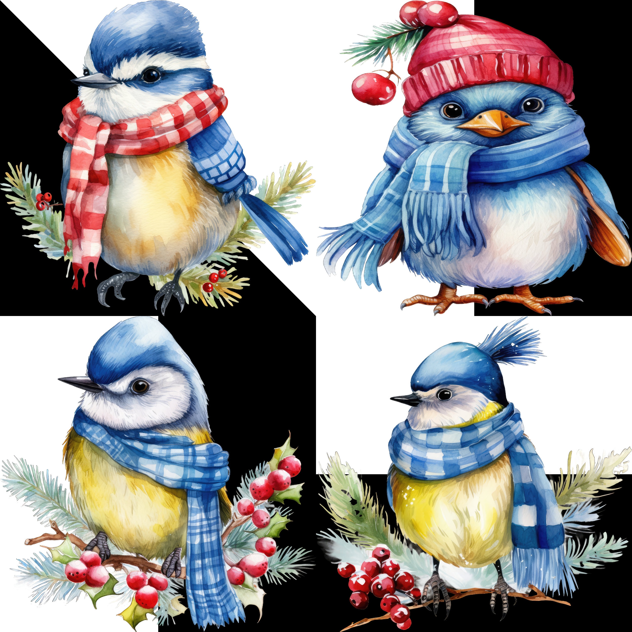 Blue Bluetit With Santa Cap and Scarf PNG Watercolor Clipart,christmas ...