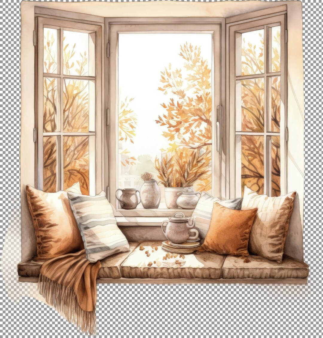 Cozy Fall Window Seat View Watercolor Illustration, Design for Coaster ...