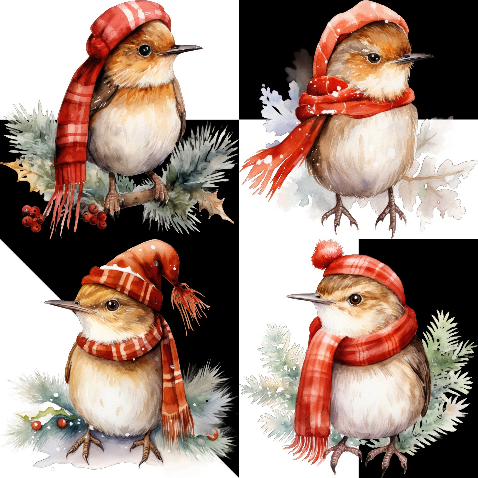 Rufous Wren With Santa Cap and Scarf Watercolor PNG Clipart, Rufous ...