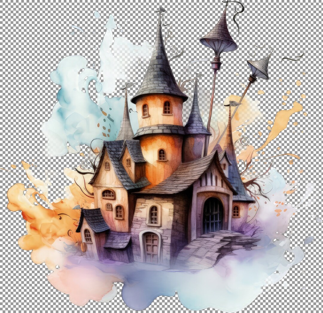 Haunted Houses Clipart, Pumpkins and Flying Witches Clipart, Wall Art ...