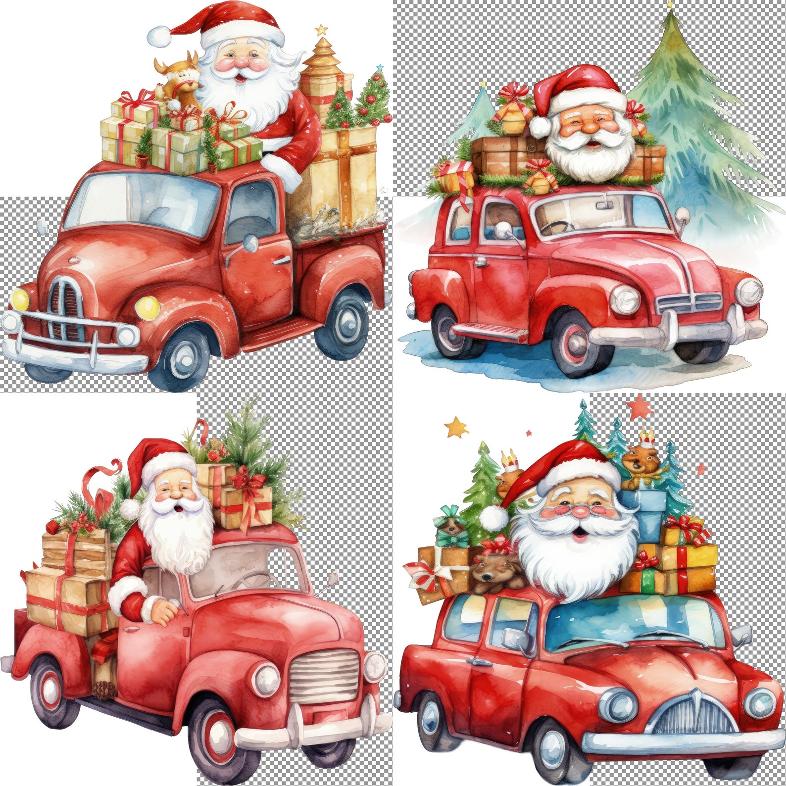 Santa's Car Ride Watercolor Cartoon, Clip Art for T Shirt, Wall Art for ...
