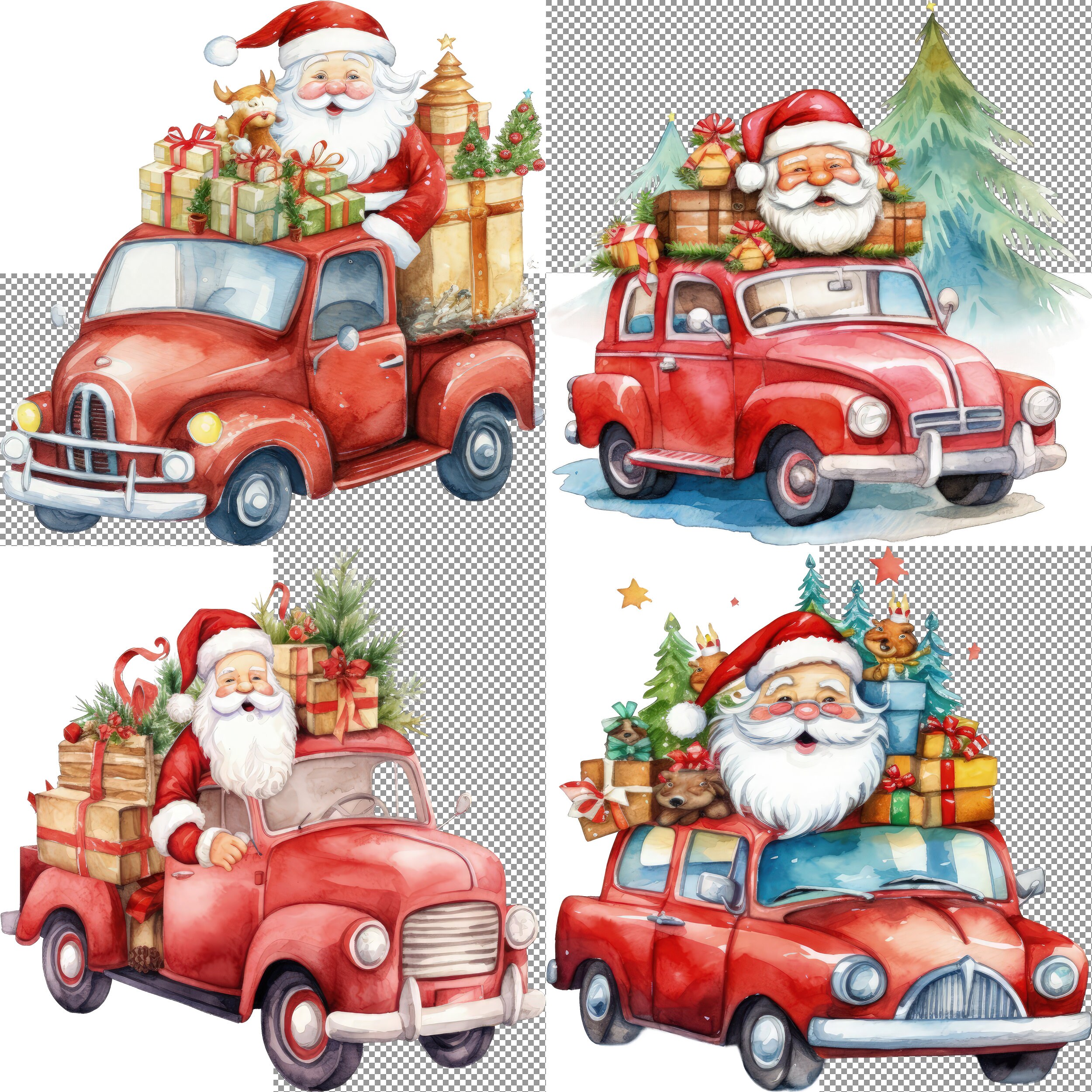 Santa's Car Ride Watercolor Cartoon, Clip Art for T Shirt, Wall Art for ...