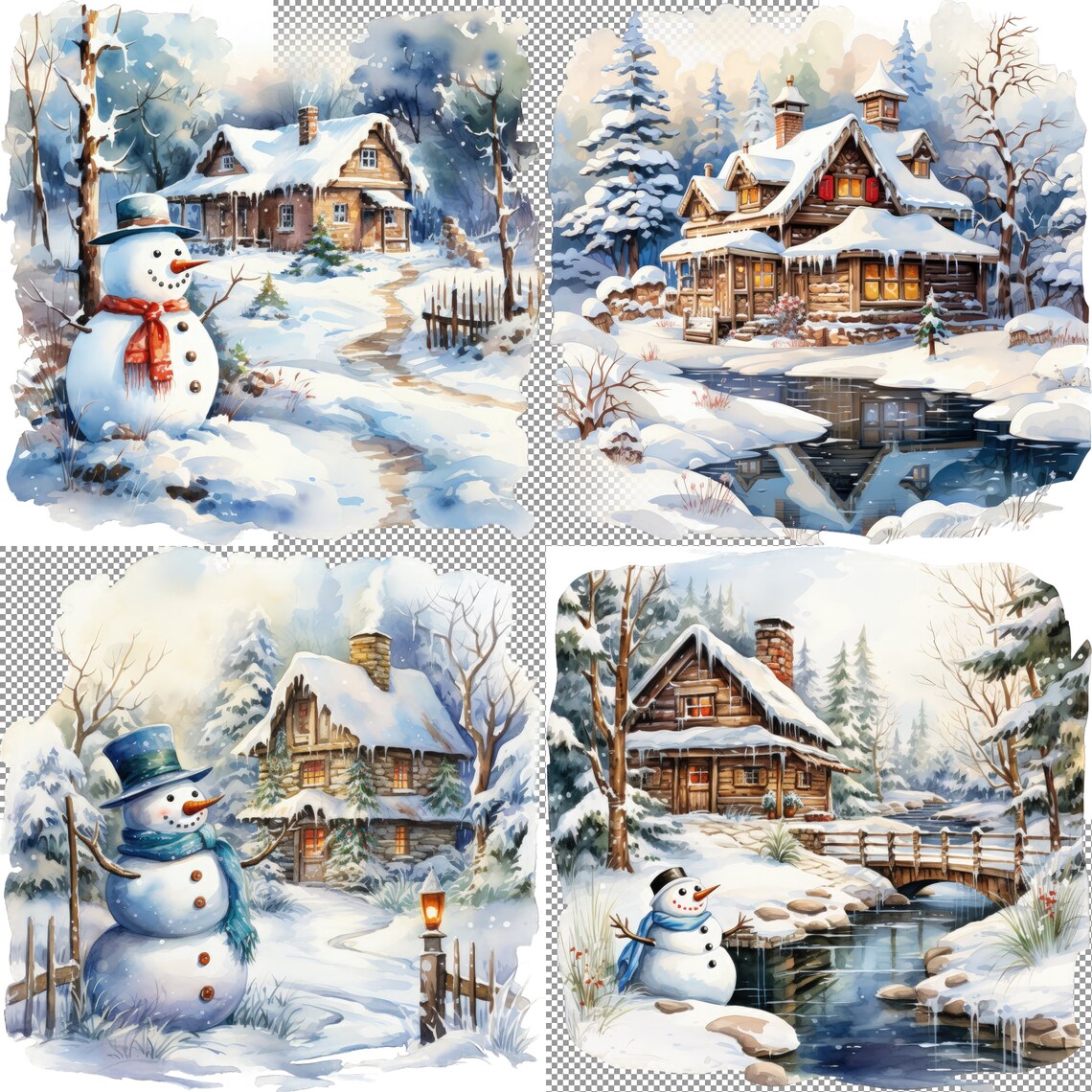 Snowman's Wooden House by a Frozen Pond Clipart, Snowy Village Clipart ...