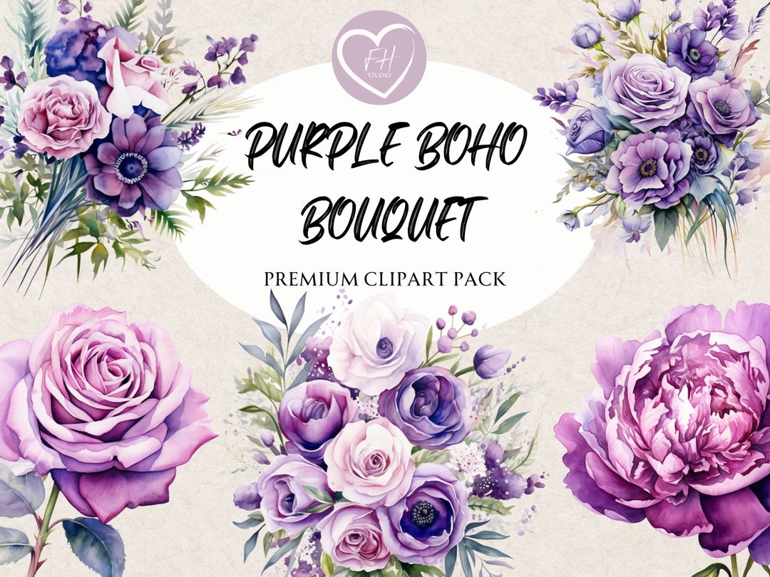 Purple Boho Bouquet Clipart Watercolor Clipart for Commercial Use ...