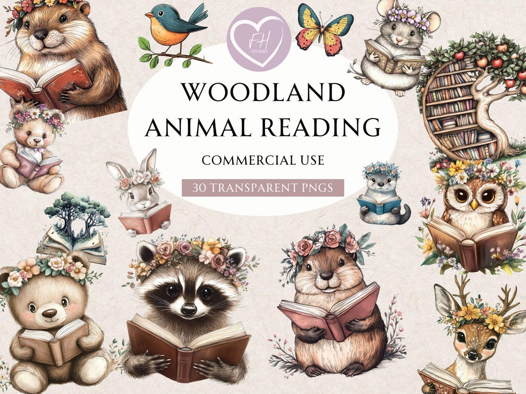 Animals Reading Books Clipart, Booklover Animals Clipart, Cute Baby ...
