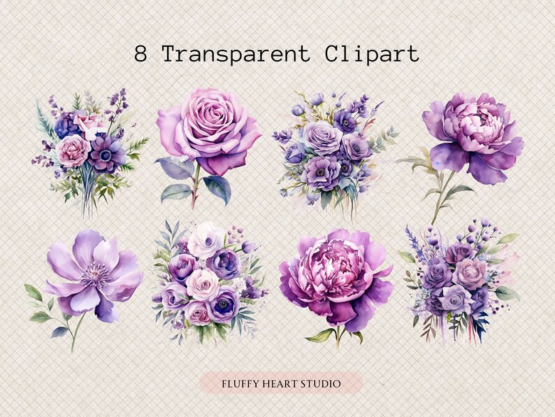 Purple Boho Bouquet Clipart Watercolor Clipart for Commercial Use ...