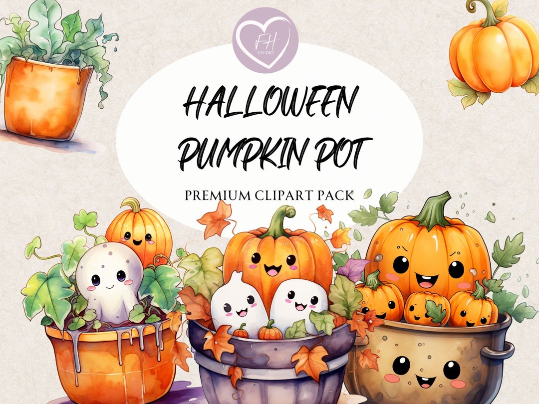 Halloween Pumpkin Pot Clipart Watercolor Clipart for Commercial Use ...
