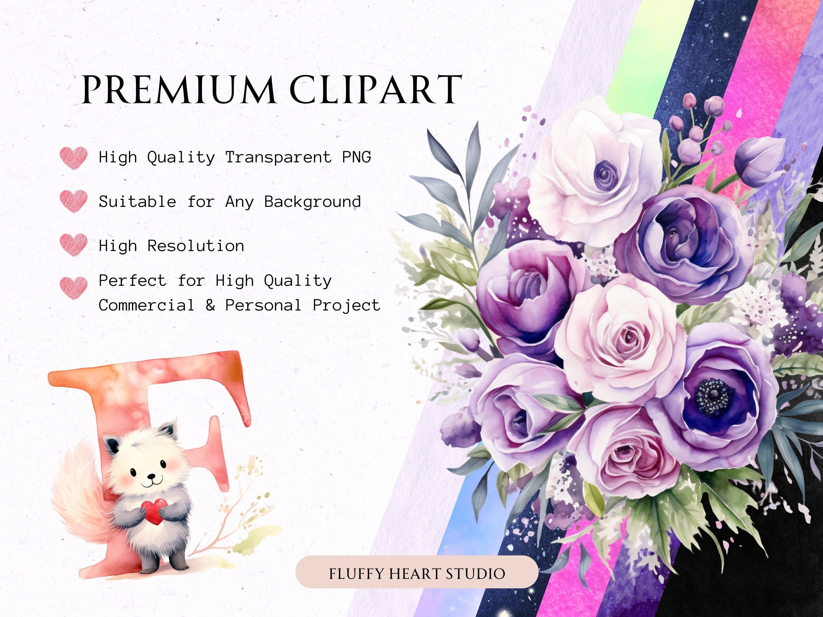 Purple Boho Bouquet Clipart Watercolor Clipart for Commercial Use ...