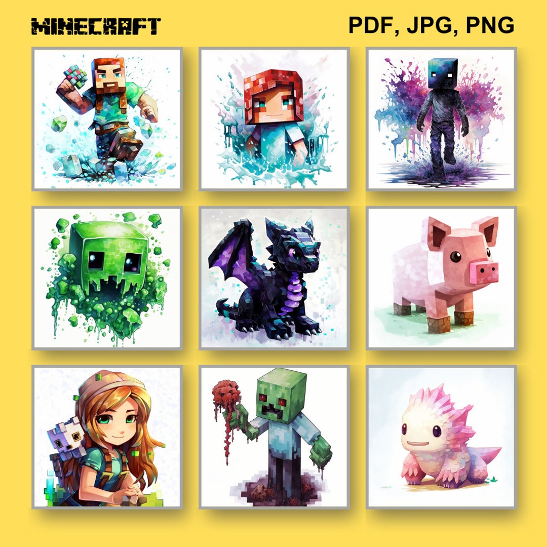 Set of 10, Minecraft Watercolor Wall Art, Kids Decor, Steve, Creeper ...