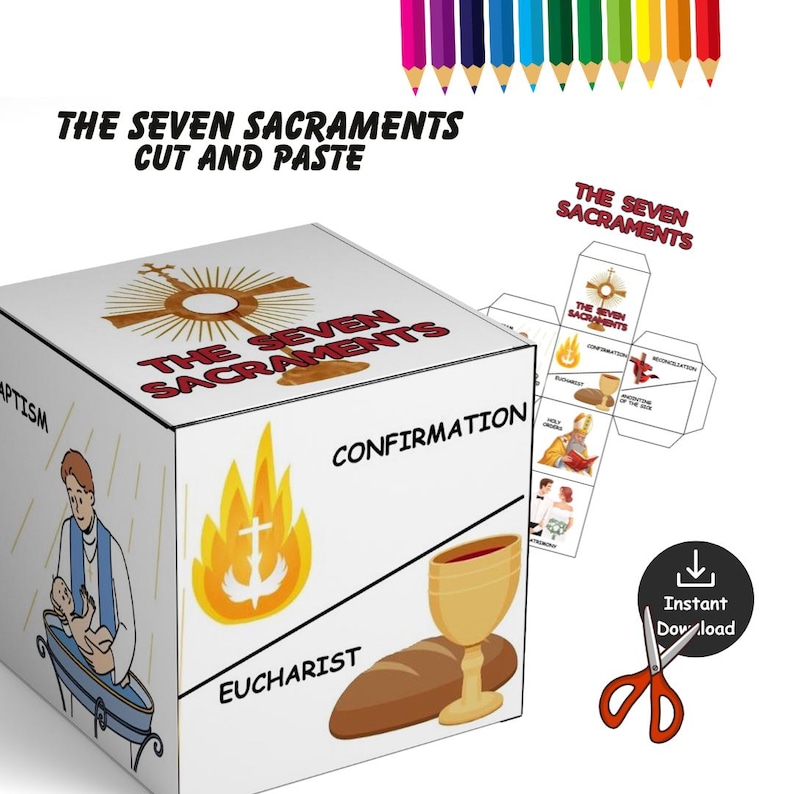 7 Sacraments Cube, Printable Bible Activity, Watercolor, Kids Bible ...