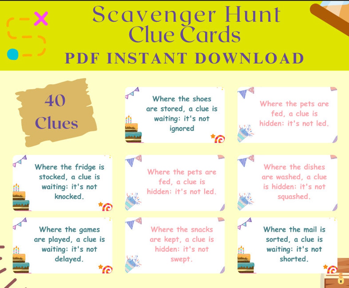 Birthday Party Treasure Hunt Clues Adults /indoor Printable Scavenger ...