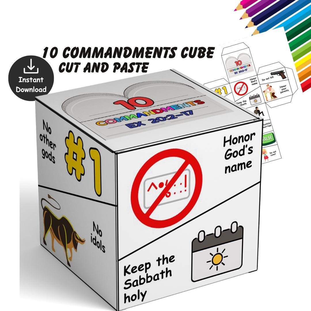 Ten Commandments Cube, Printable Bible Activity, Watercolor, Kids Bible ...