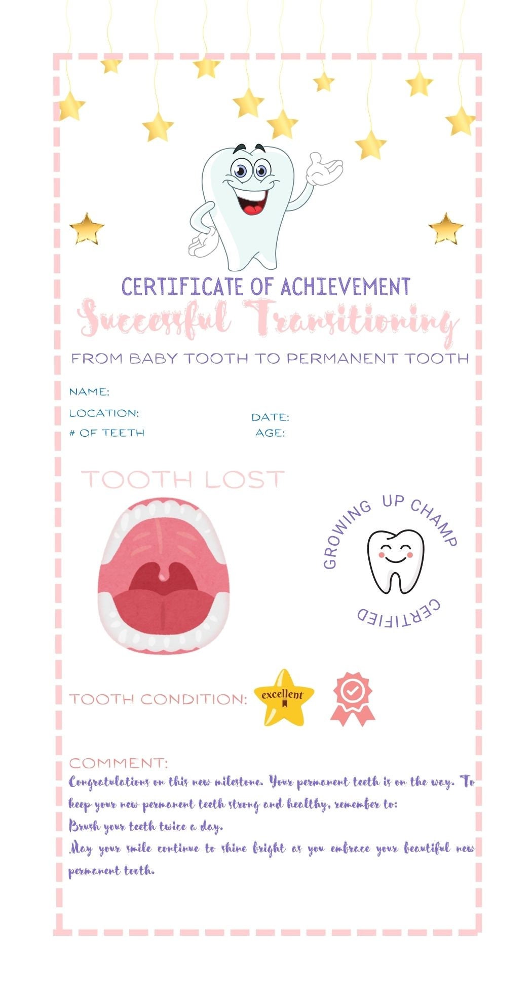Editable Tooth Transition Receipt Printable Certificate, First Tooth ...