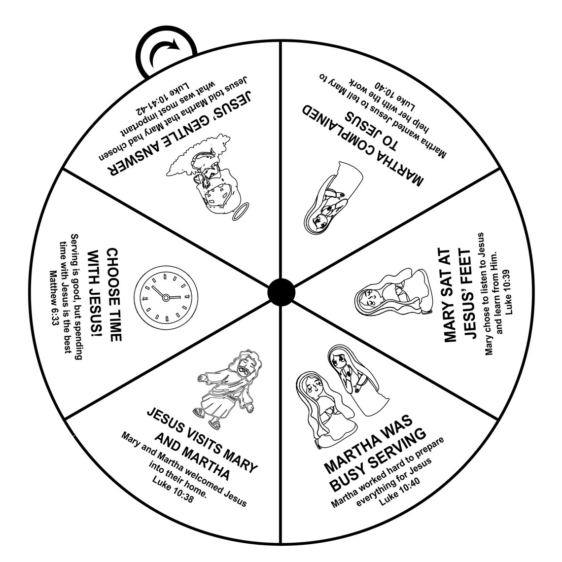 Mary and Martha With Jesus Coloring Wheel, Printable Bible Activity, Watercolor, Kids Bible ...