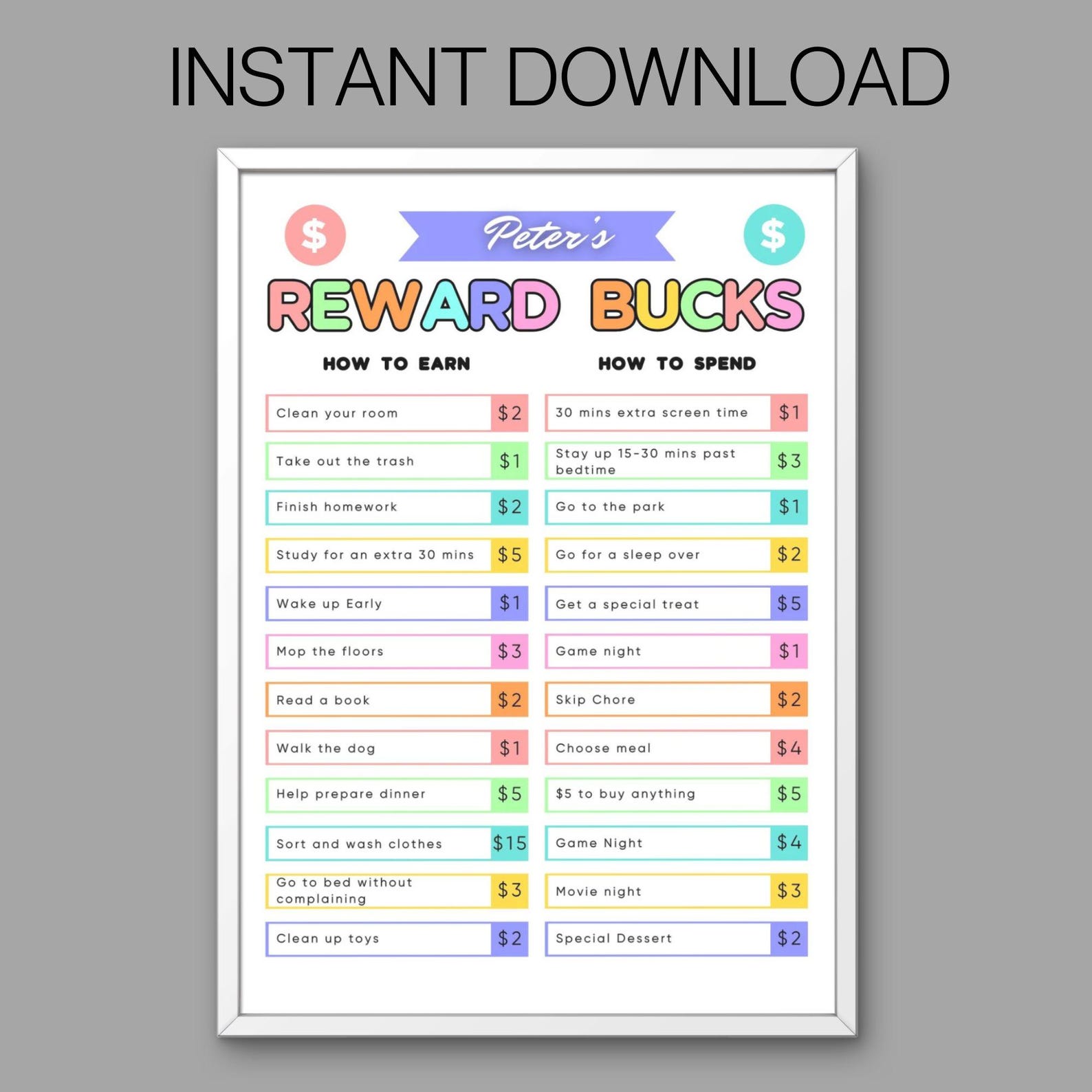 Kids Reward Bucks Printable, Kids Reward Coupons, Chore Bucks ...
