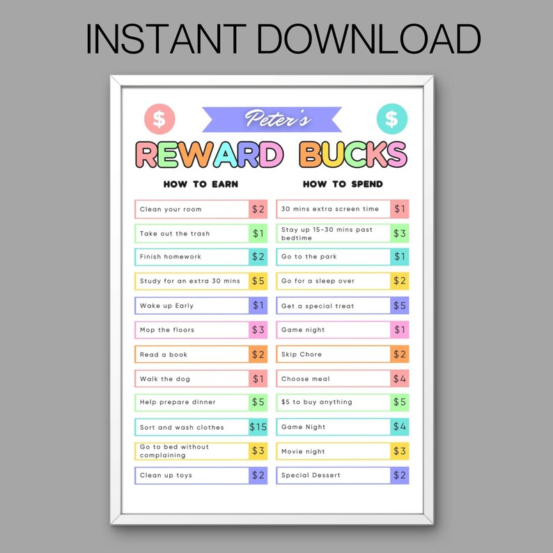 Kids Reward Bucks Printable, Kids Reward Coupons, Chore Bucks ...