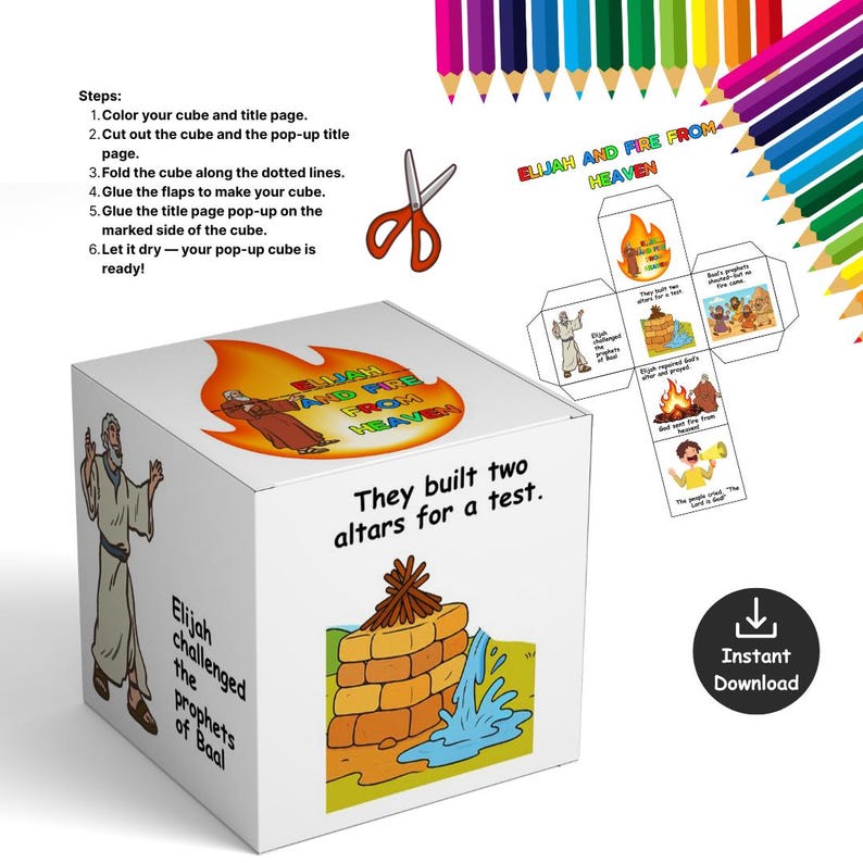 Elijah and the Fire From Heaven Coloring Cube Craft, Memory Games ...